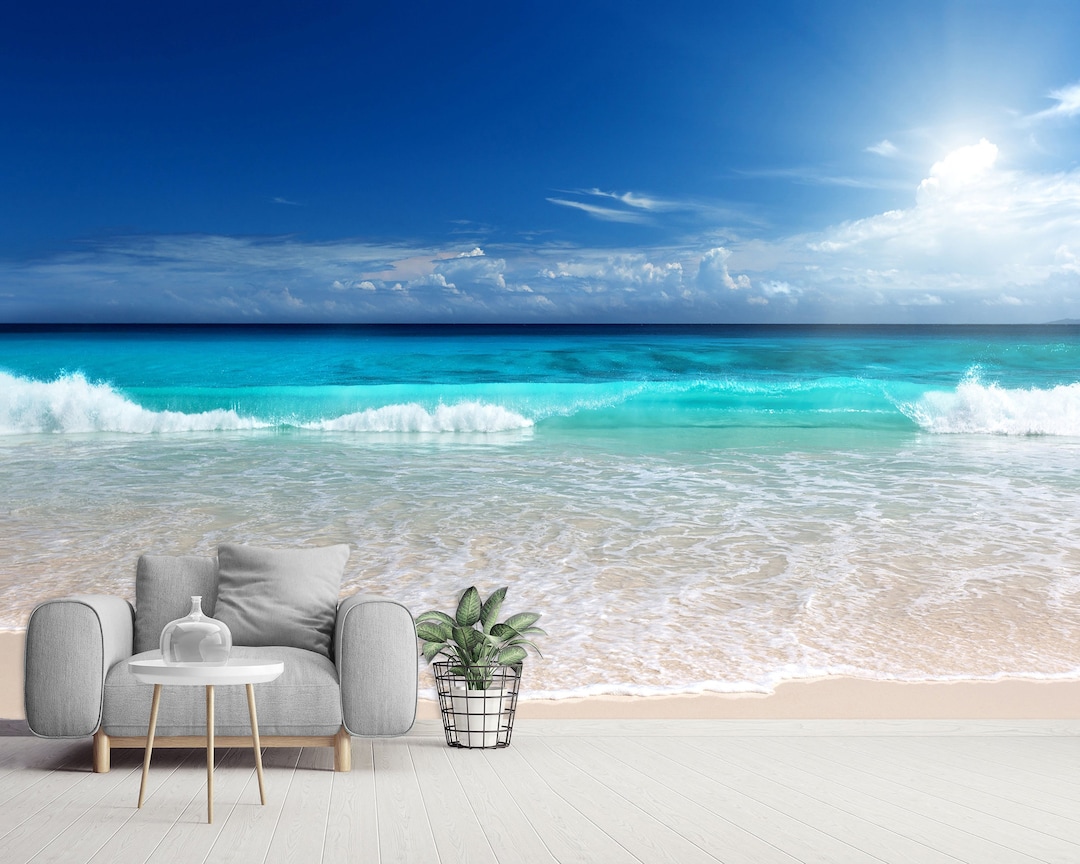 Sunny Tropical Sea Beach Wallpaper Peel and Stick / Traditional Sea ...