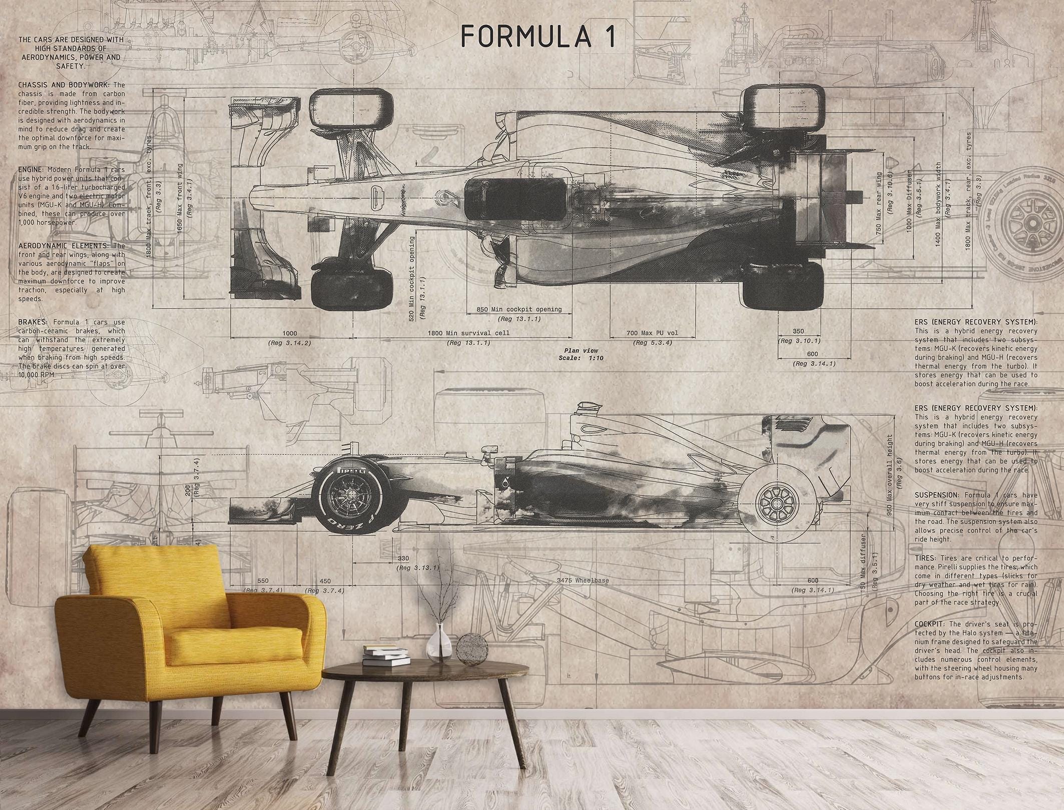 Vintage Blueprint Wallpaper F1 Car Drawing Art Wall Mural Peel and ...