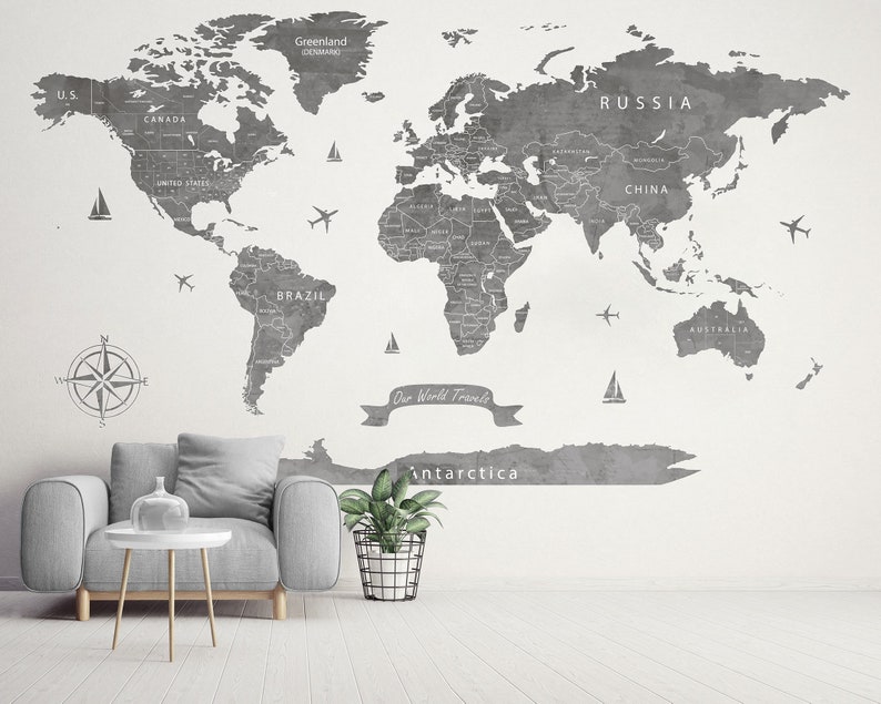 Extra Large World Map Wall Decal Grey World Map Wall Sticker - Etsy