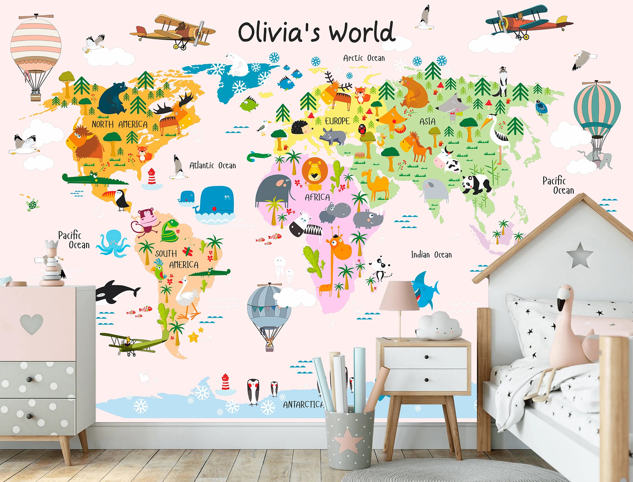 Custom Kids Wallpaper Cartoon World Map Mural For