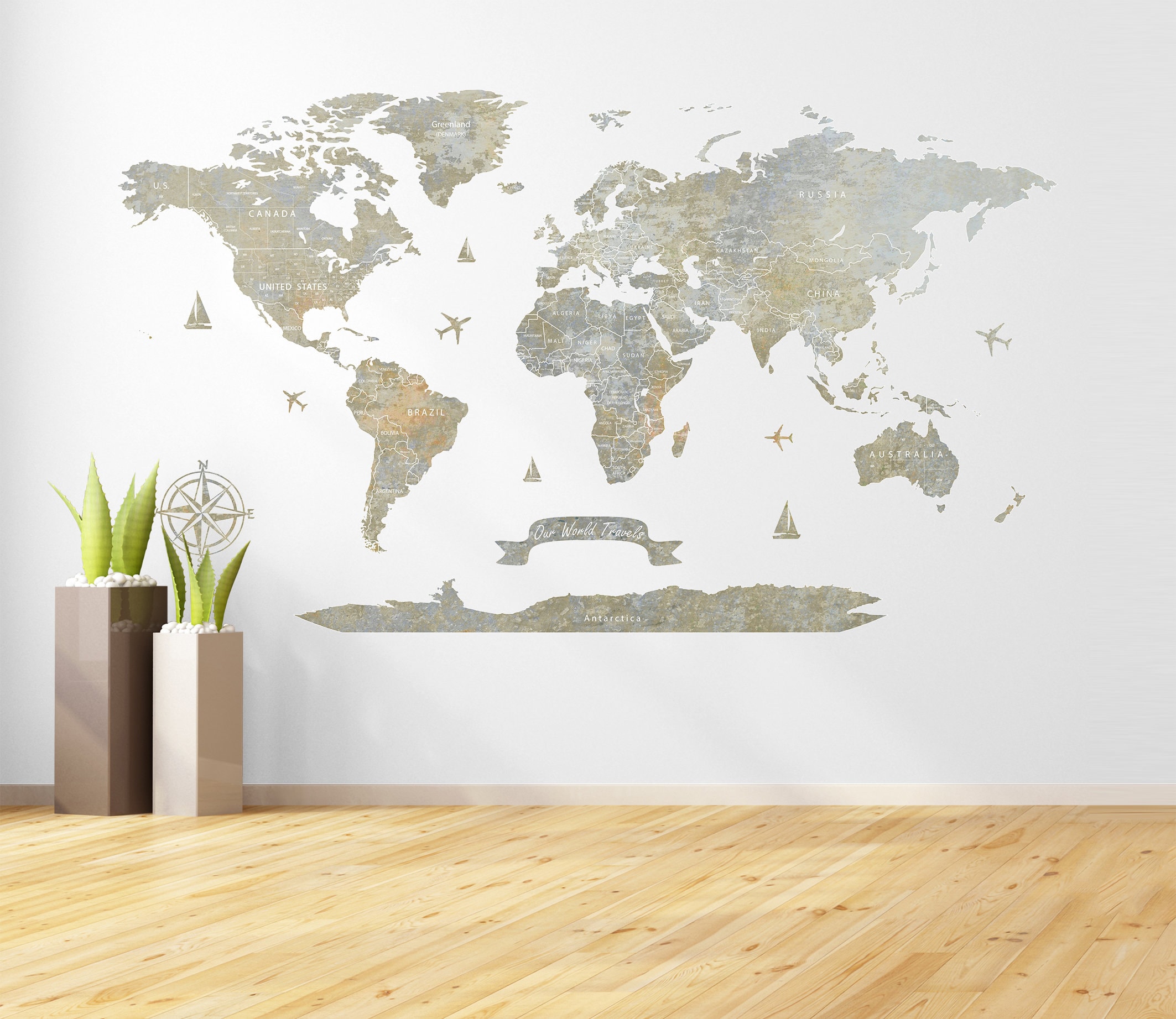 Large World Map Wall Decal Abstract World Map Wall Sticker Travel Wall ...
