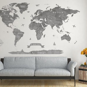 Extra Large World Map Wall Decal Grey World Map Wall Sticker Travel Map ...