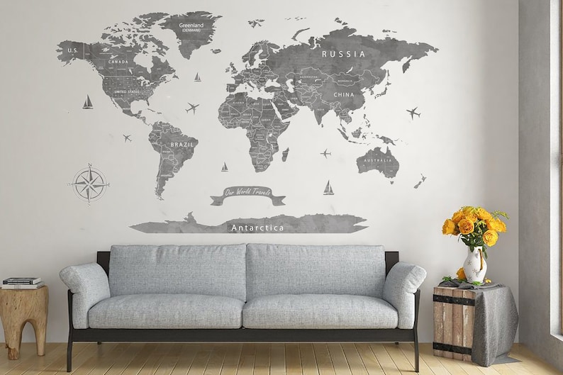 Extra Large World Map Wall Decal Grey World Map Wall Sticker - Etsy
