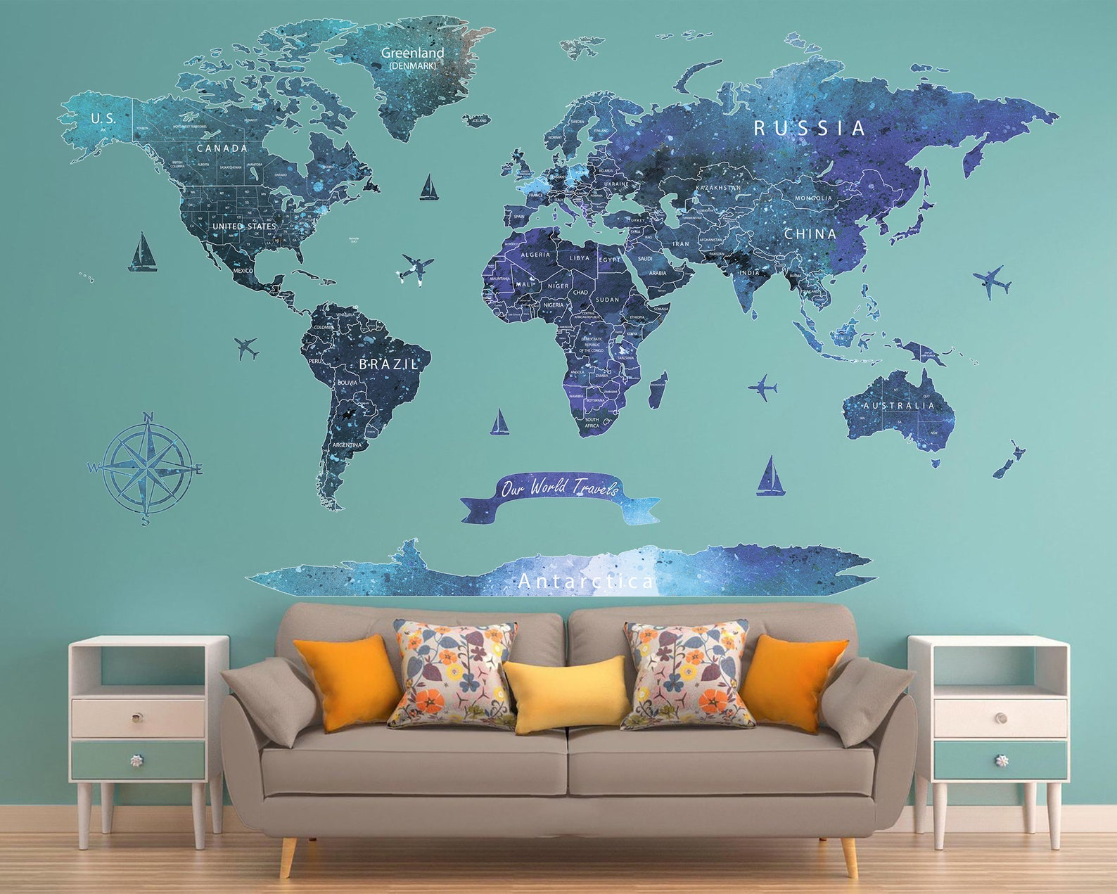 Extra Large World Map Decal Blue Wall Decor Travel Map Wall - Etsy