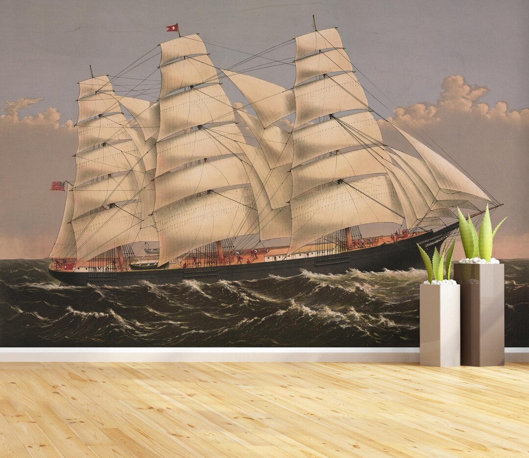 Classic Tall Ship Wallpaper, Vintage Nautical Wall Mural, Coastal ...