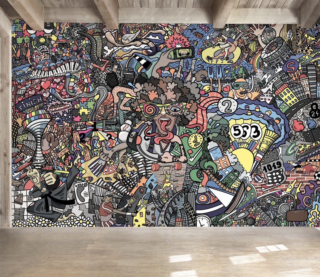 Colorful Funky Wall Mural Wallpaper Street Art Wallpaper Gym Wallpaper ...
