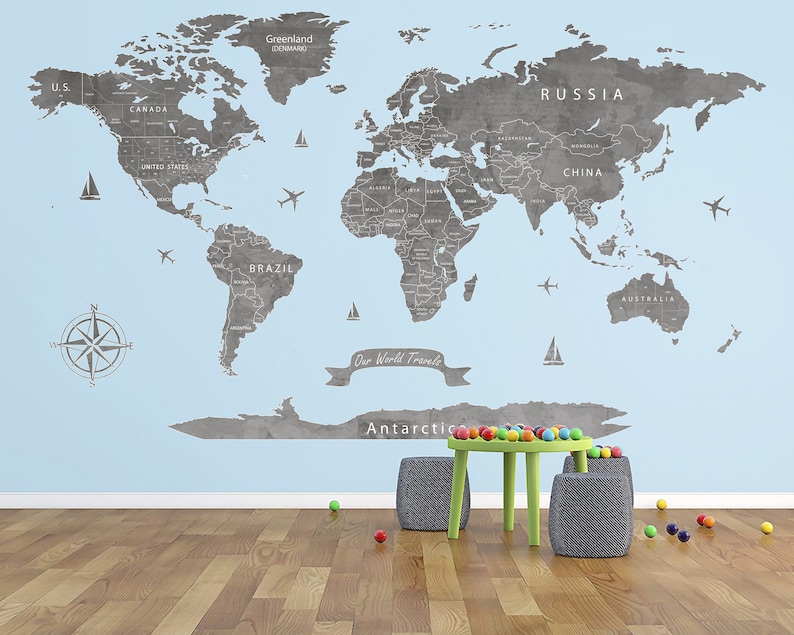Extra Large World Map Wall Decal Grey World Map Wall Sticker - Etsy