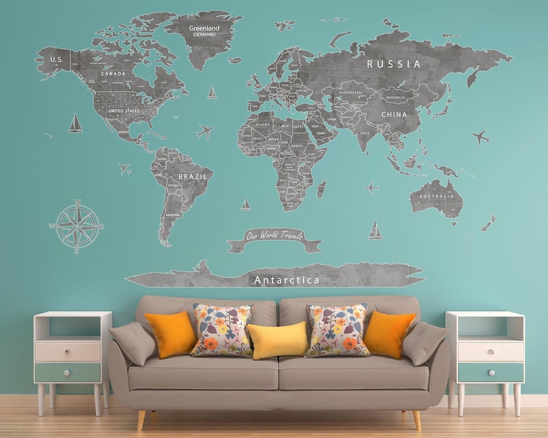 Extra Large World Map Wall Decal Grey World Map Wall Sticker - Etsy