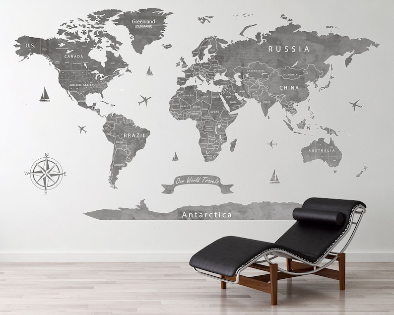 Extra Large World Map Wall Decal Grey World Map Wall Sticker - Etsy