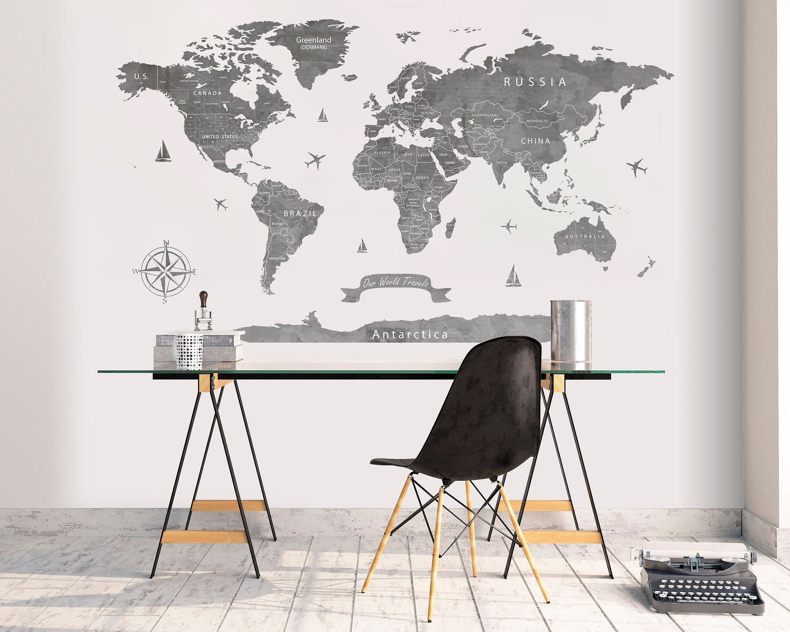 Extra Large World Map Wall Decal Grey World Map Wall Sticker - Etsy