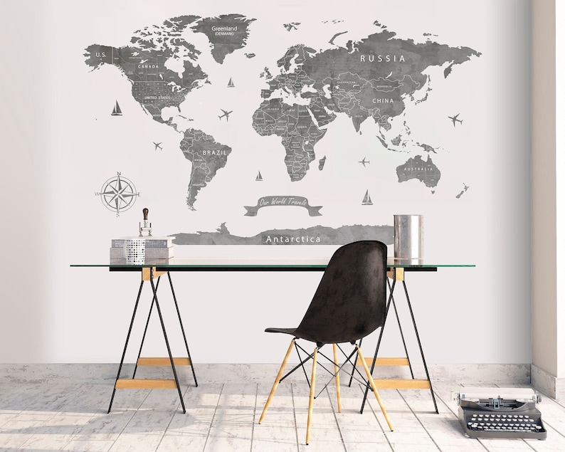 Extra Large World Map Wall Decal Grey World Map Wall Sticker - Etsy