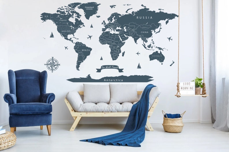Extra Large World Map Decal Navy World Map Travel Map Decal Push Pin ...
