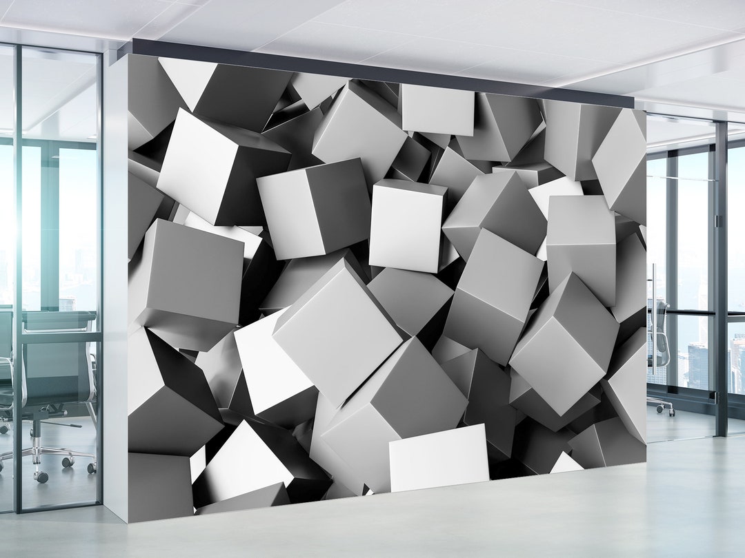 Abstract Grey Cubes Wall Mural Geometric Wallpaper Peel and - Etsy