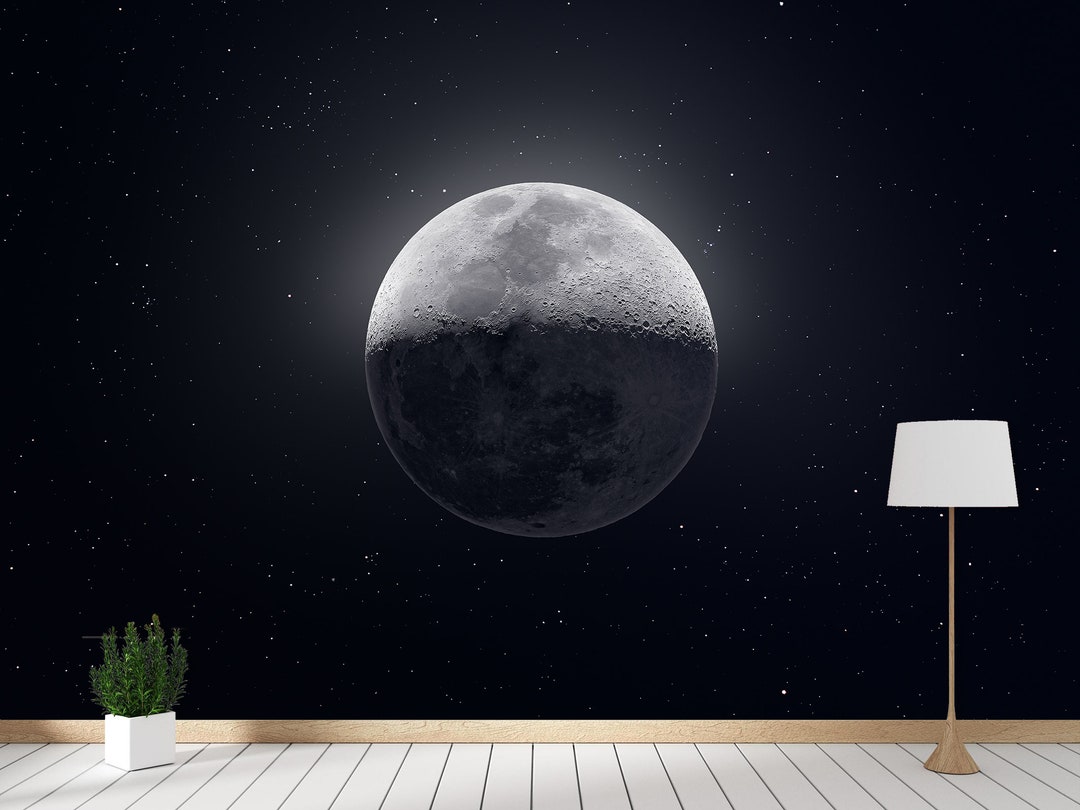 Huge Bright Moon Wallpaper Space Wall Decor Bedroom Wall Mural Starry ...