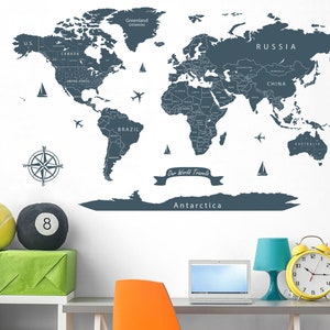 Extra Large World Map Decal Navy World Map Travel Map Decal Push Pin ...