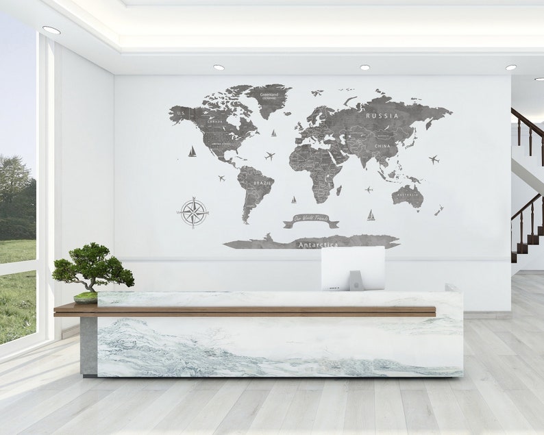 Extra Large World Map Wall Decal Grey World Map Wall Sticker - Etsy