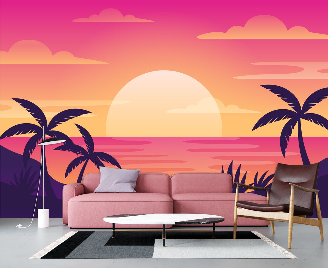 Abstract Pink Sea Sunset Mural Paradise Beach Wallpaper Peel and Stick ...