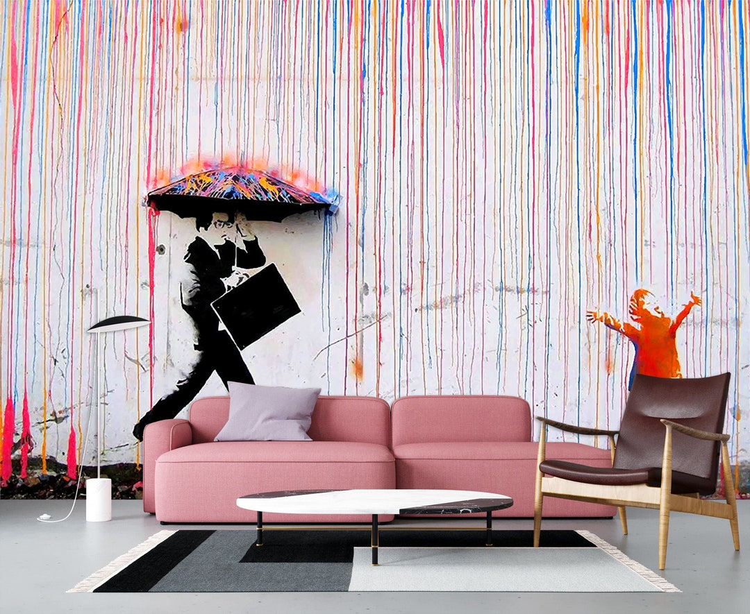 Rainbow Rain Graffiti Peel and Stick Wallpaper Artwork Colorful Rain ...