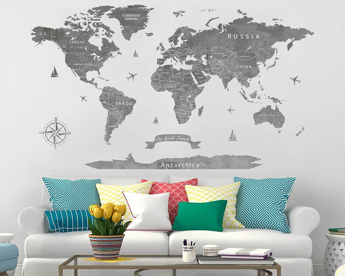 Extra Large World Map Wall Decal Grey World Map Wall Sticker - Etsy