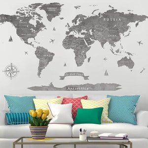 Extra Large World Map Wall Decal Grey World Map Wall Sticker Travel Map ...