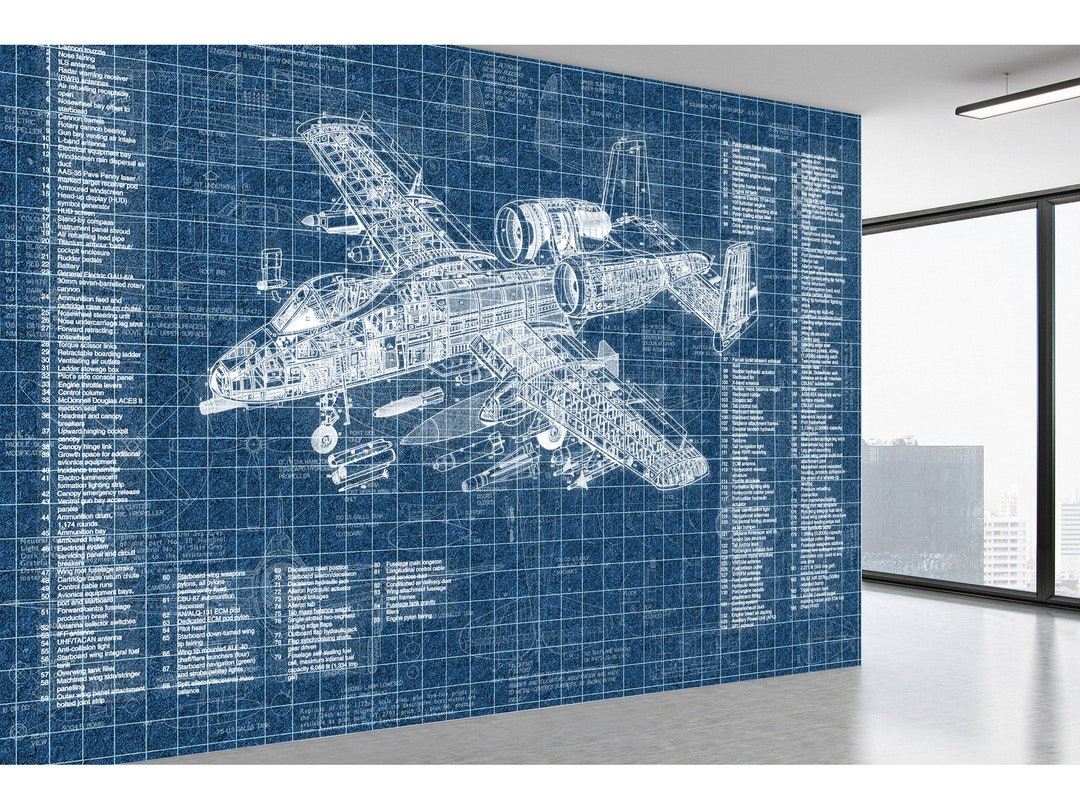 Airplane Blueprint Peel and Stick Wallpaper Mural Artwork Line Drawing ...