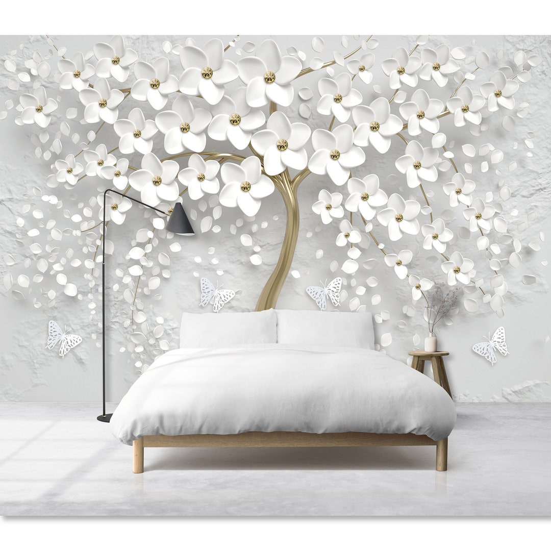 Peel and Stick Wallpaper White Flower Tree Wallpaper Bedroom Accent ...