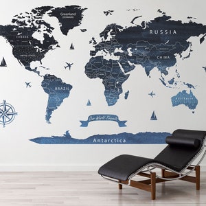 Extra Large World Map Wall Decal Navy Blue World Map Wall Decor Travel ...