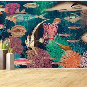 Vintage Underwater Wall Mural Wallpaper Peel and Stick Fish Wallpaper ...
