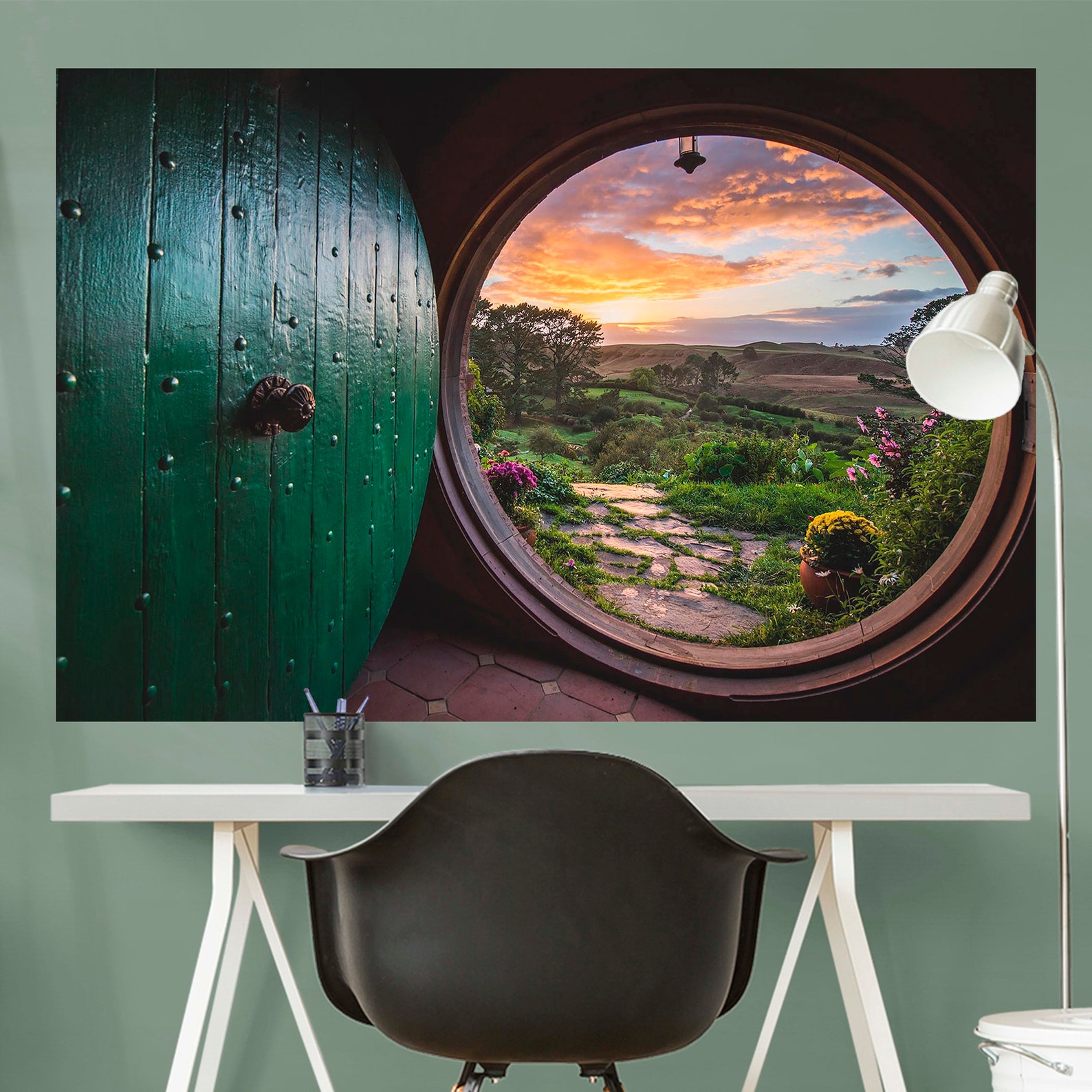 Hobbit House Mural - Fantasy Round Door Wallpaper Print - Peel and ...