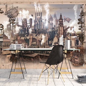 Steampunk Artwork Wallpaper Mural Peel and Stick Antique Tech Scenery ...