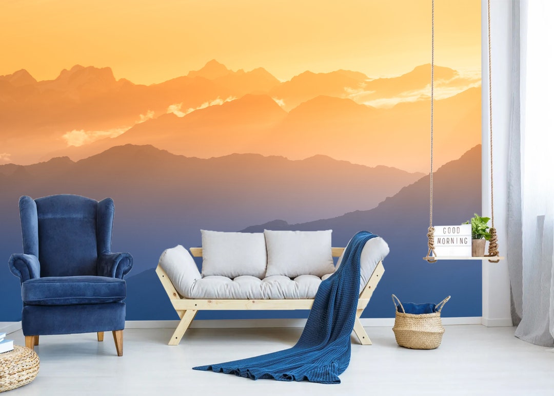Mountain Ombre Sunset Wall Mural Wallpaper Peel and Stick Minimalist ...