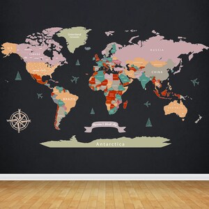 Large Wall Decal World Map With Country Names Map Wall Sticker Push Pin ...