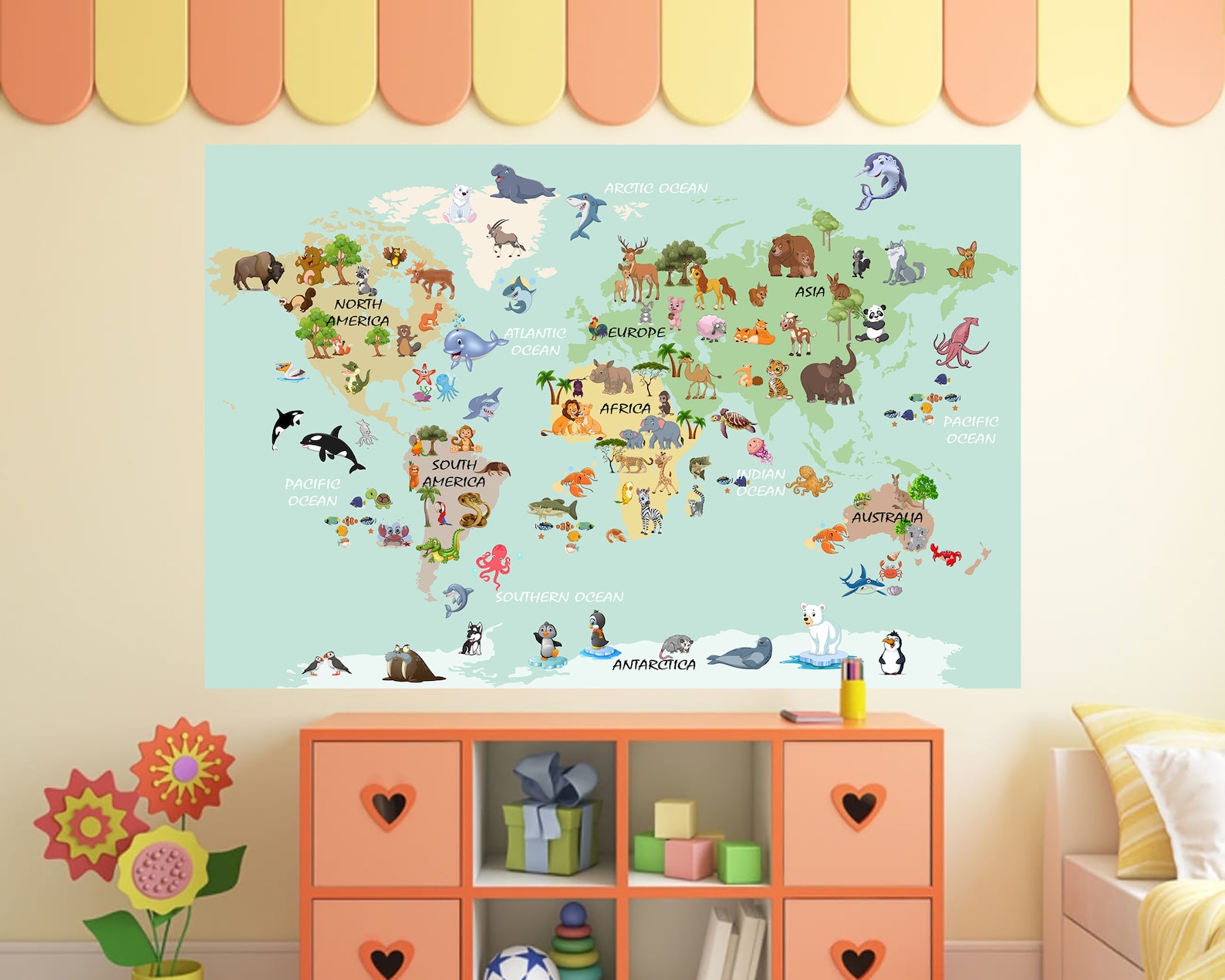Kids World Map Peel & Stick World Map Mural Map With Animals | Etsy