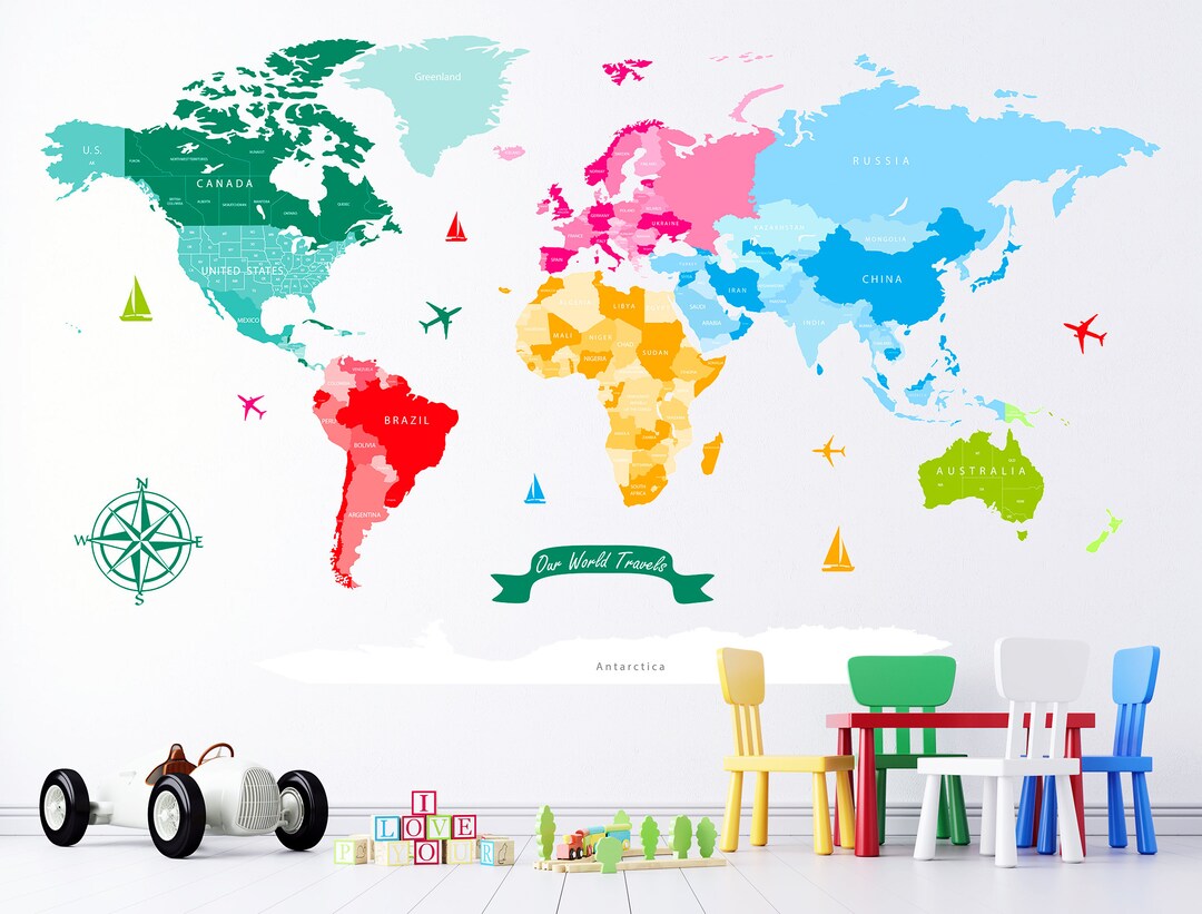Colorful Map of World Large Wall Decal World Map Wall Sticker Push Pin ...