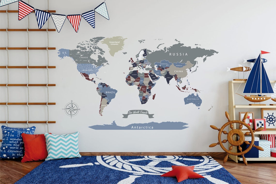 Extra Large World Map Decal Blue World Map Sticker Travel Map Push Pin ...