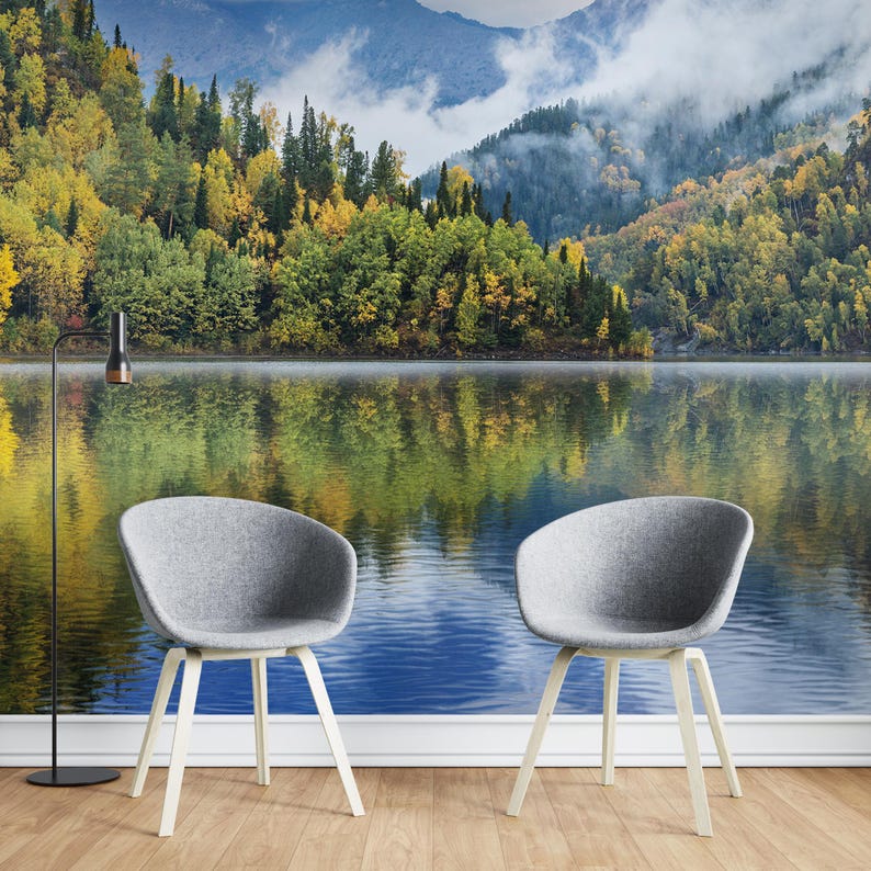 Forest Mountain Lake Wallpaper Peaceful Nature Wall Mural for Cozy Room ...