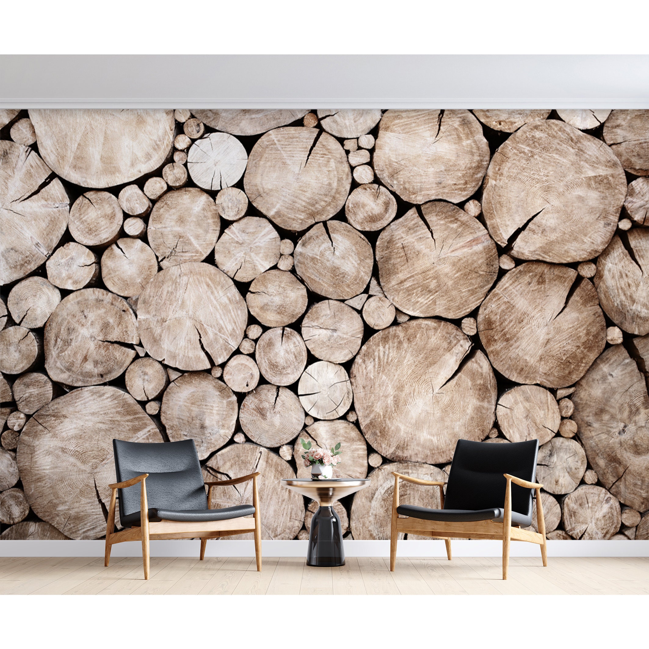 Sawn Wood Logs Mural Wallpaper Scandinavian Round Logs Slice Peel and ...