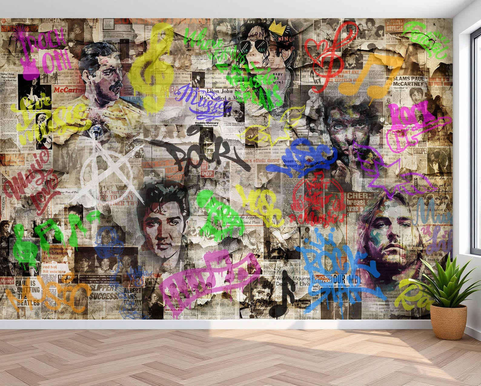 Retro Music Legends Urban Wallpaper Colorful Vintage Newspaper Graffiti ...