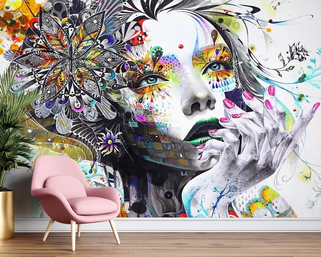 Abstract Girl Face Wall Mural Colorful Graffiti Wallpaper Street Art ...