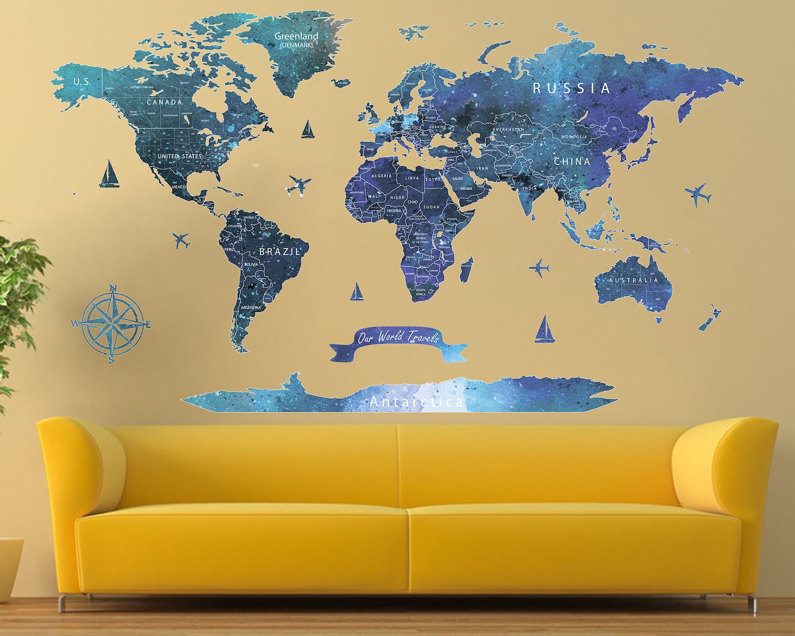 Extra Large Blue World Map Decal: Travel Wall Stickers Decor - Etsy