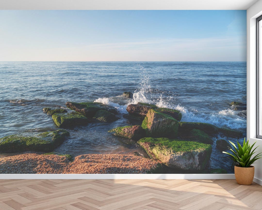 Ocean Shore Wallpaper Sea Mural Large Stones on the Beach Wallpaper ...