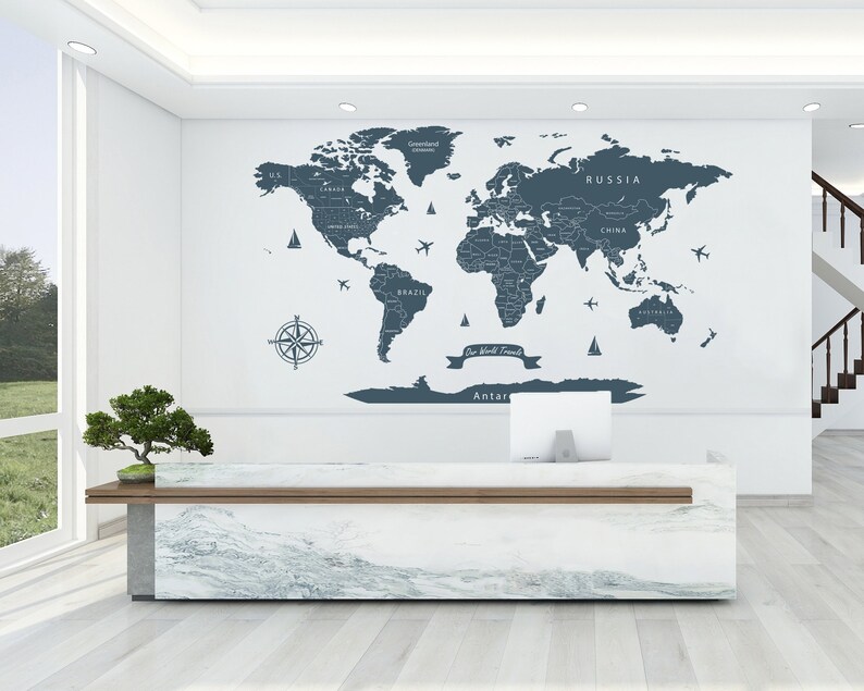 Extra Large World Map Decal Navy World Map Travel Map Decal | Etsy