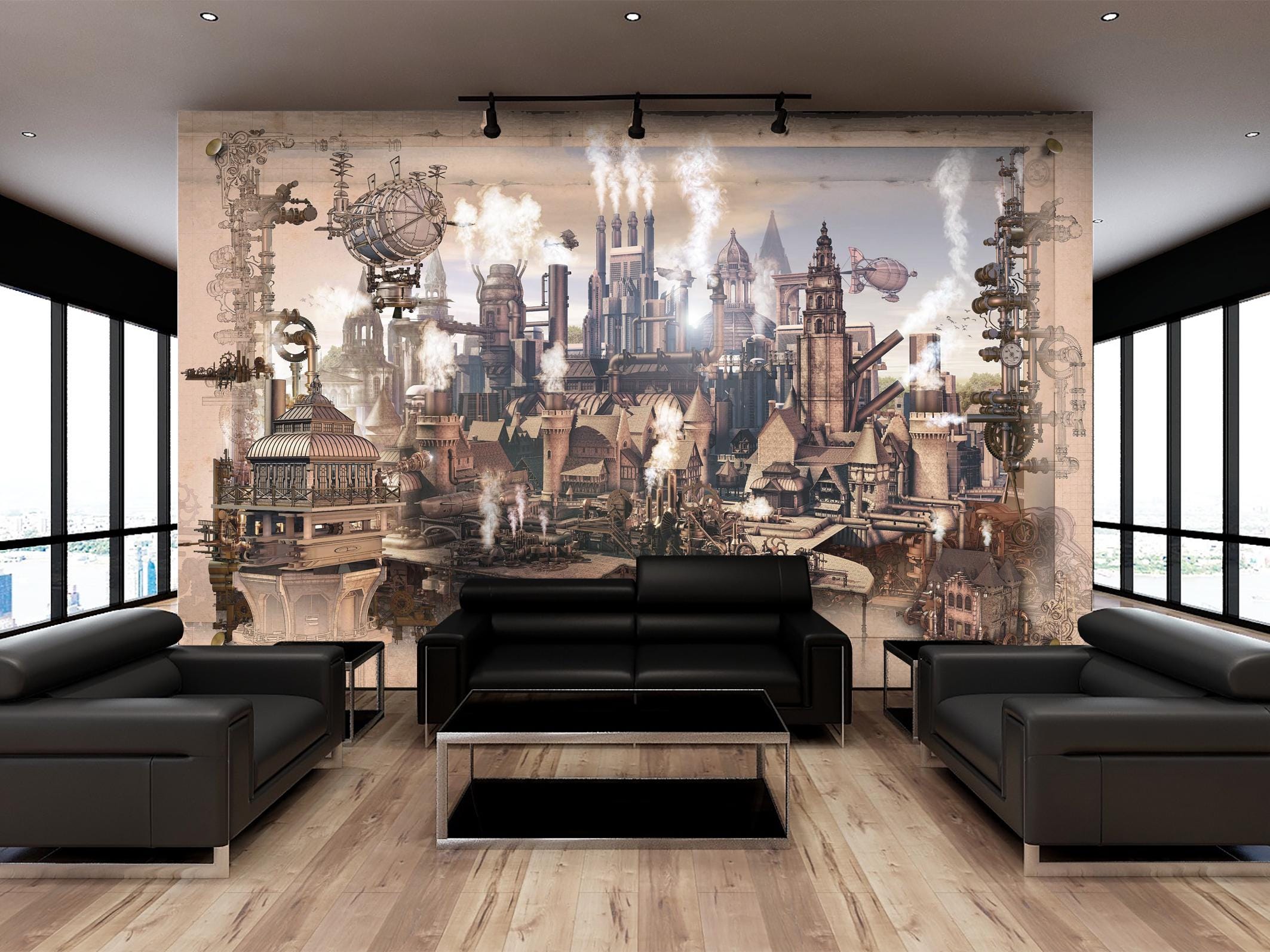 Steampunk Artwork Wallpaper Mural Peel and Stick Antique Tech Scenery ...