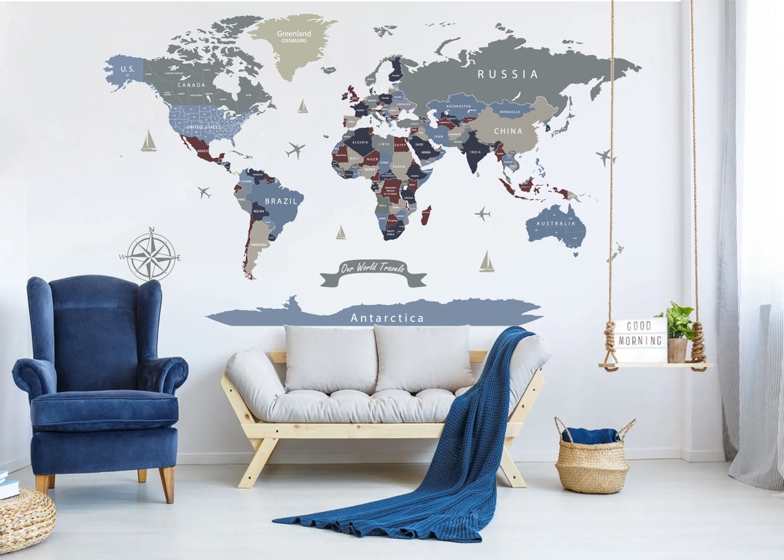 Extra Large World Map Decal Blue World Map Sticker Travel Map Push Pin ...
