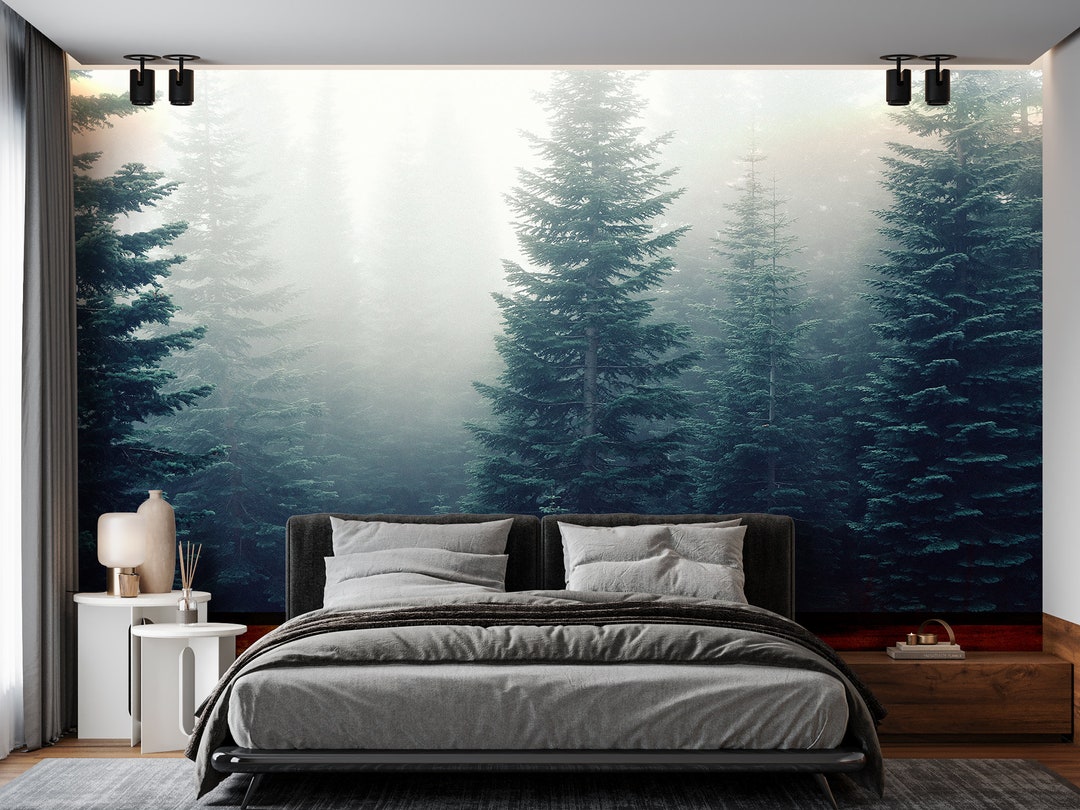 Foggy Evergreen Trees Wall Mural Peel and Stick Wallpaper Foggy Forest ...