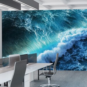 Sea Wave Wallpaper Peel and Stick / Traditional Beach Wallpaper Blue ...