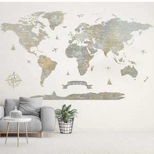 Large World Map Wall Decal Abstract World Map Wall Sticker Travel Wall ...