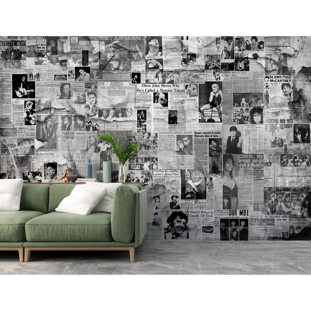 Newspaper Wallpaper About Rock and Pop Stars Wall Mural Retro Vintage ...