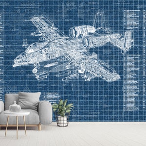 Airplane Blueprint Peel and Stick Wallpaper Mural Artwork Line Drawing ...