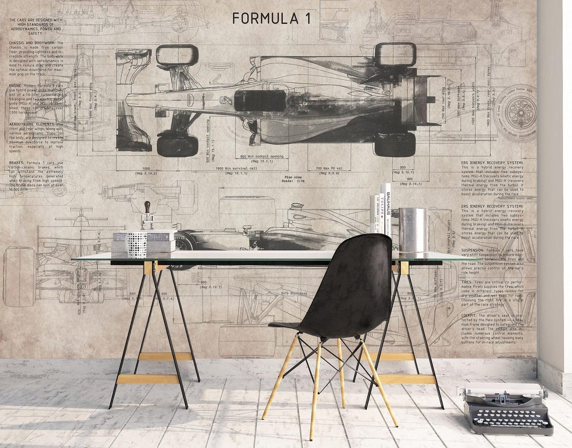Vintage Blueprint Wallpaper F1 Car Drawing Art Wall Mural Peel and ...